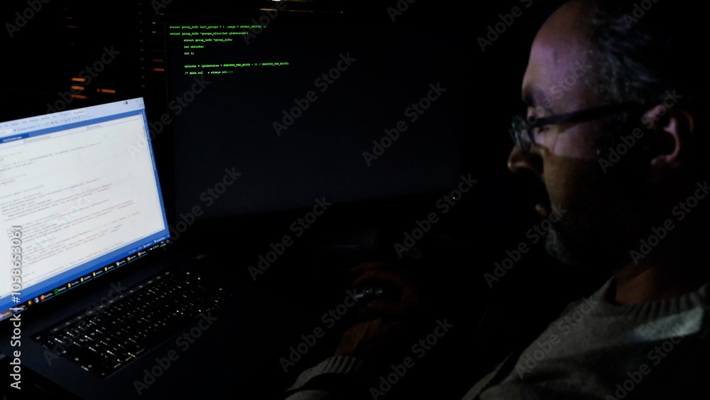 Focused Coder Analyzes Code on Computer Screen in Dark Environment ...