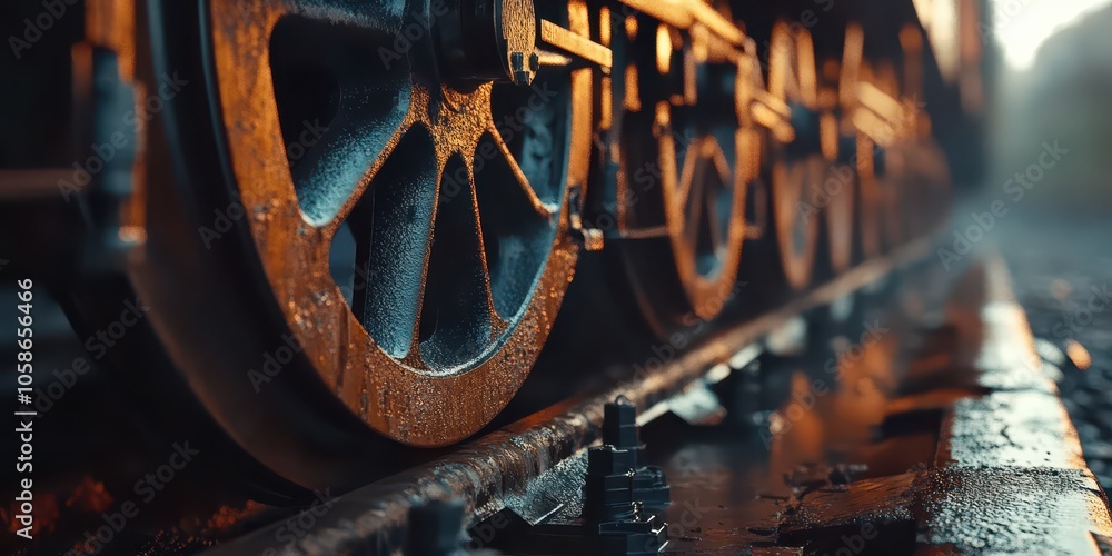Close-up of train wheels on rails, high-resolution detail capturing ...