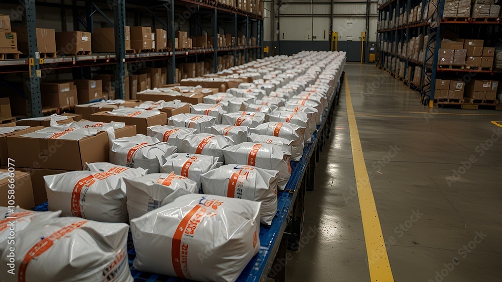 Bags of disaster prevention goods, disaster prevention kits lined up in the warehouse. Stock ...