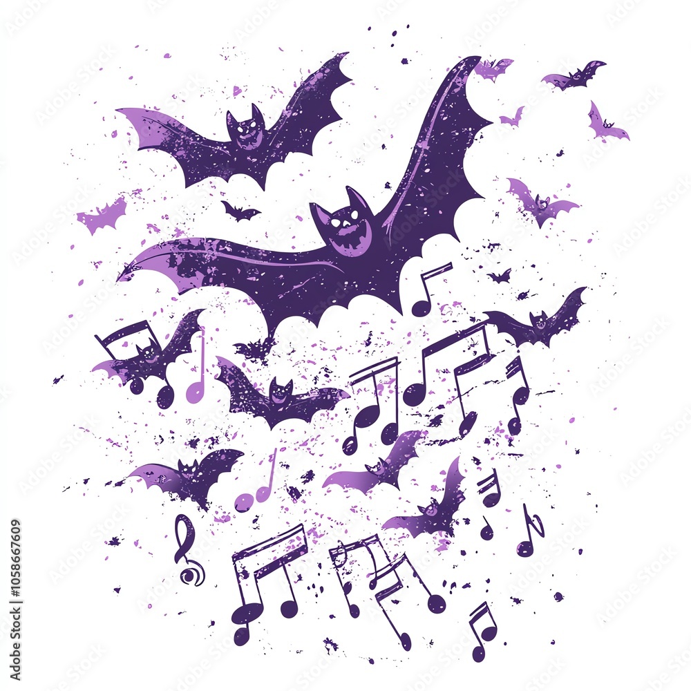 cute bats flying around musical notes of spooky music, cartoonish style ...