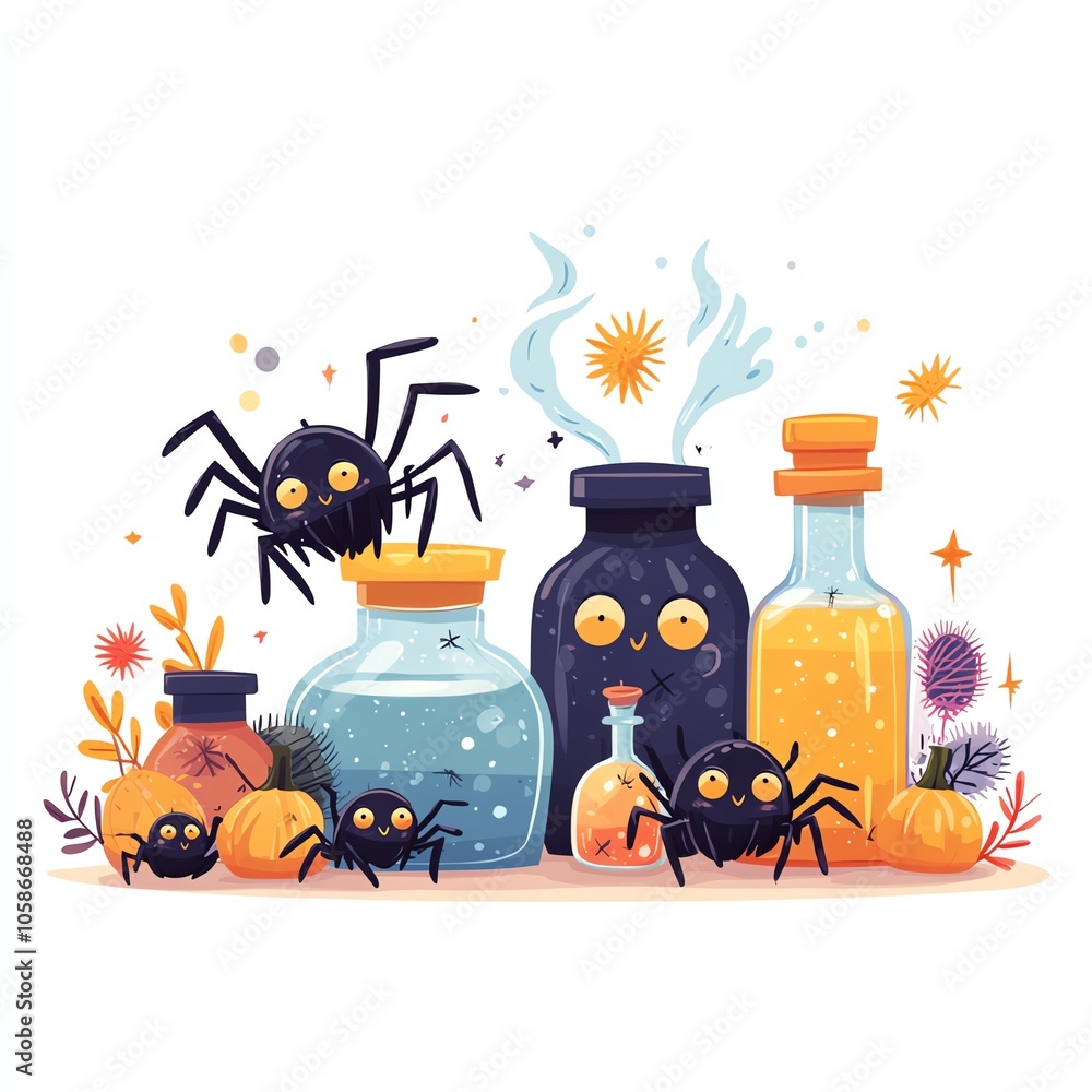 cute spiders mixing tiny magic potions, surrounded by colorful bottles ...