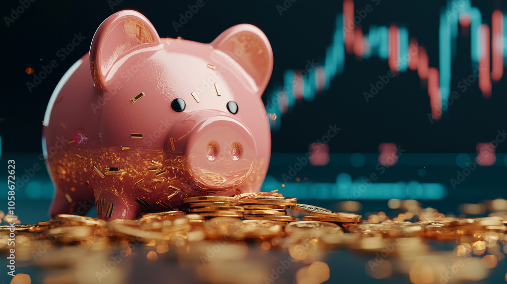 Piggy bank spilling gold coins symbolizes savings and inflation trends ...