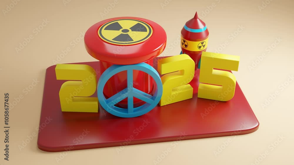 3D animation for New Year 2025: a peace sign blocks a radiation button ...