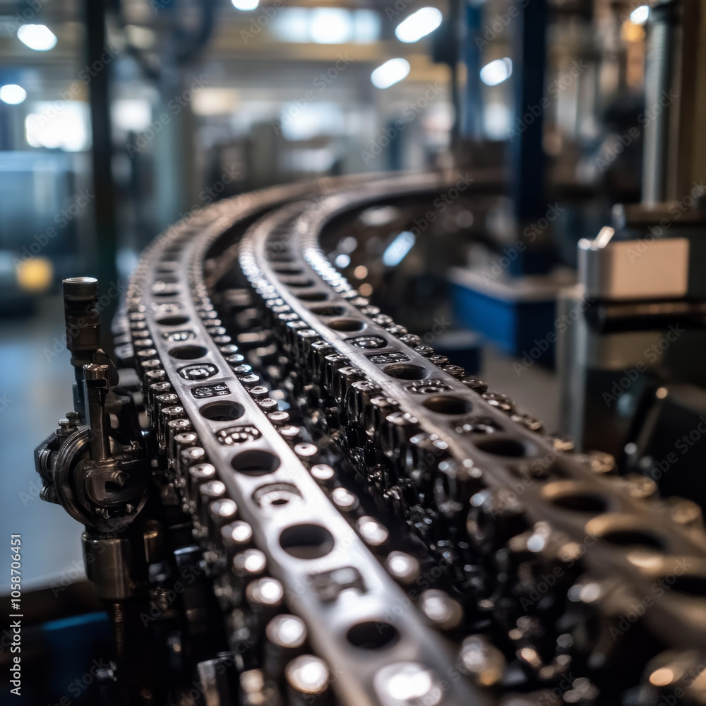 Gear chain drive shaft in conveyor belt is on production line. Timing ...