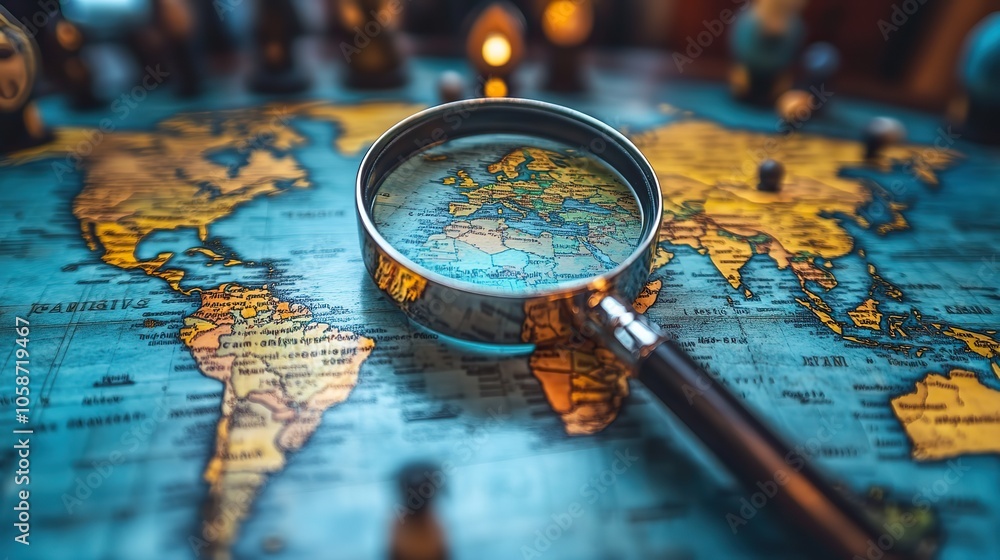 world map with magnifying glass and people icons, symbolizing global ...