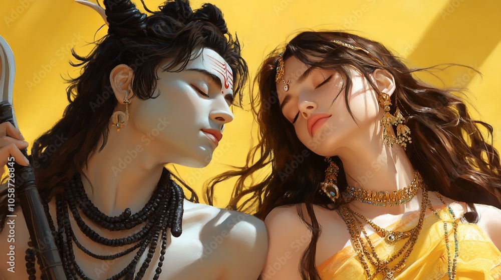 Shiva and Parvati, Hindu deities, in a loving embrace against a bright ...