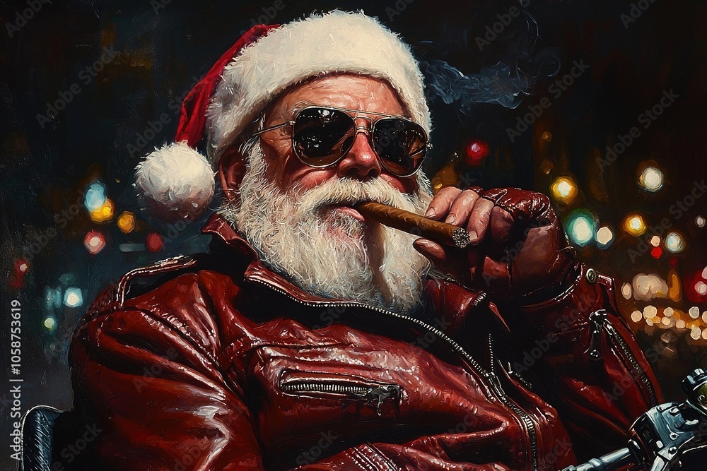 ภาพประกอบสต็อก Santa Claus wearing leather jacket and sunglasses ...