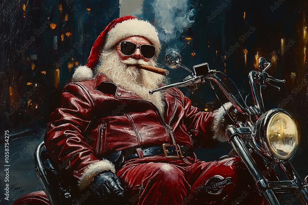 Santa Claus wearing leather jacket and sunglasses smoking a cuban cigar ...
