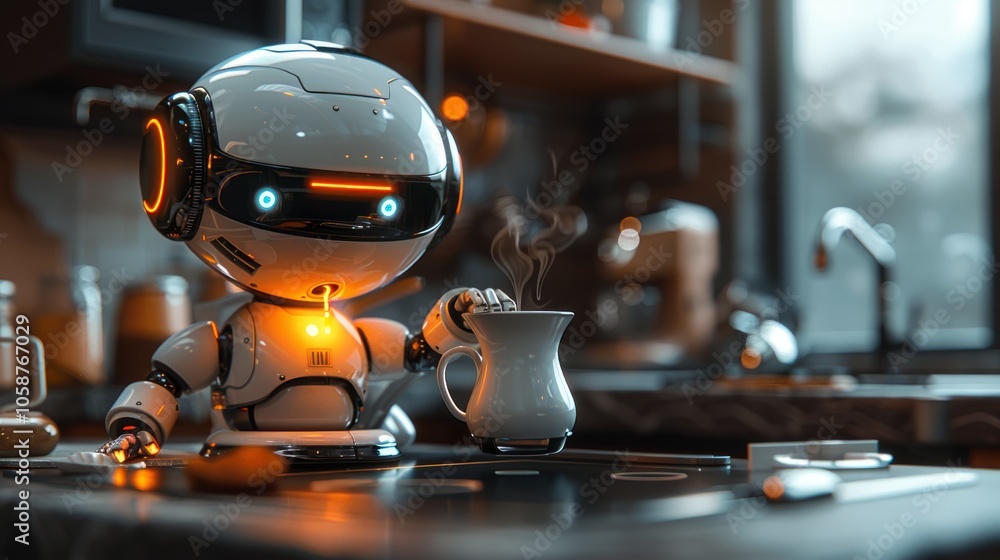 AI Robot servant cooking breakfast, coffee at home in the kitchen ...
