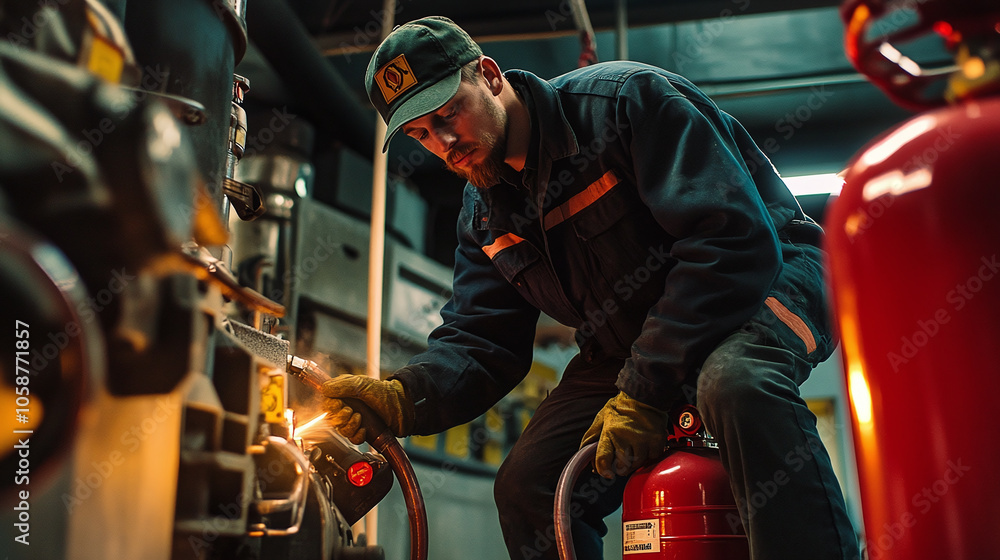 Professional technician examining fire extinguishers in an industrial ...