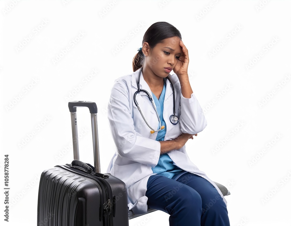 Sad female doctor emigrating with suitcase expressing brain drain ...