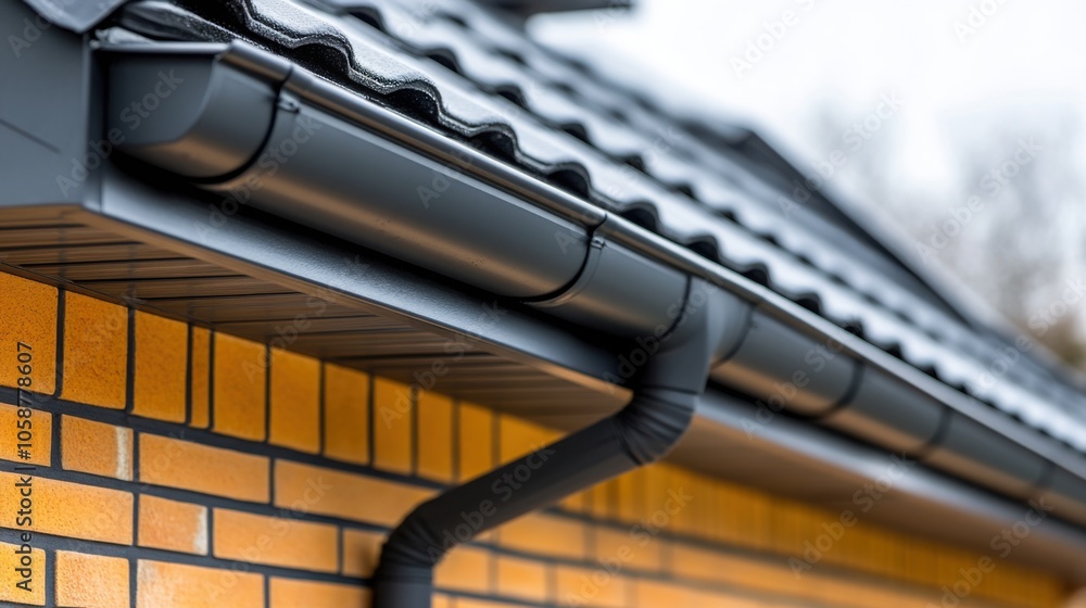 Rainwater drainage system detail with a close-up view of a gutter and ...