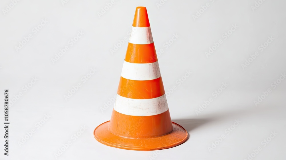 An orange road cone with white stripes stands out against a clean ...