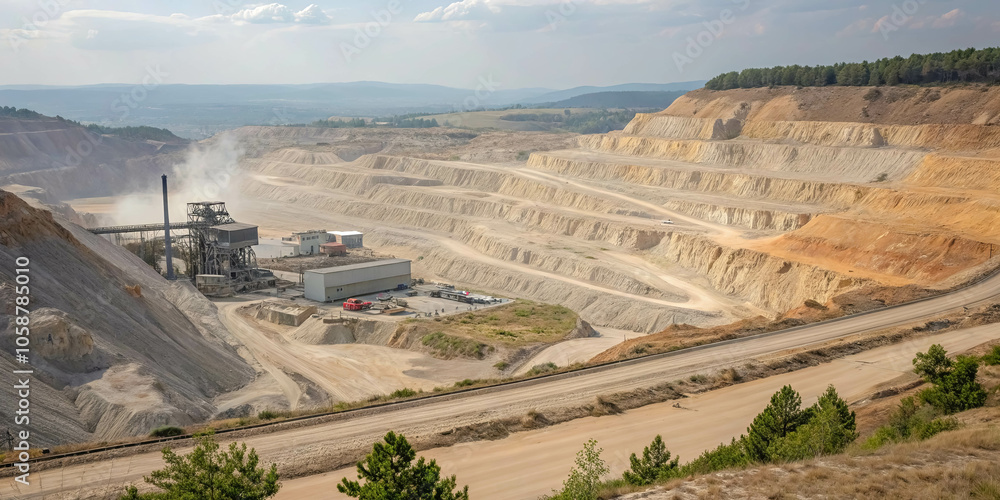 An expansive open pit mine with layered earth formations and industrial ...