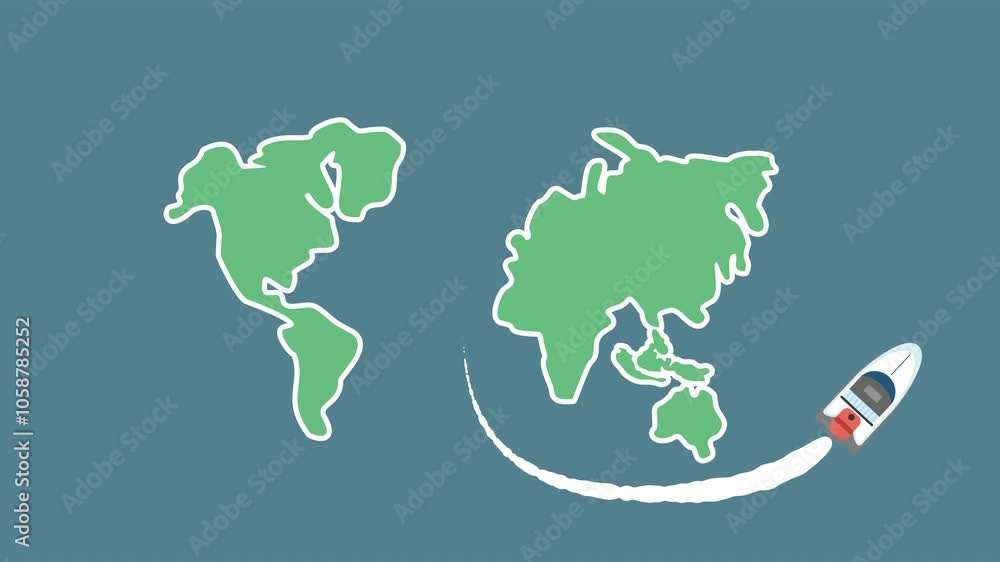 animated illustration of a ship's journey around the world, top view ...