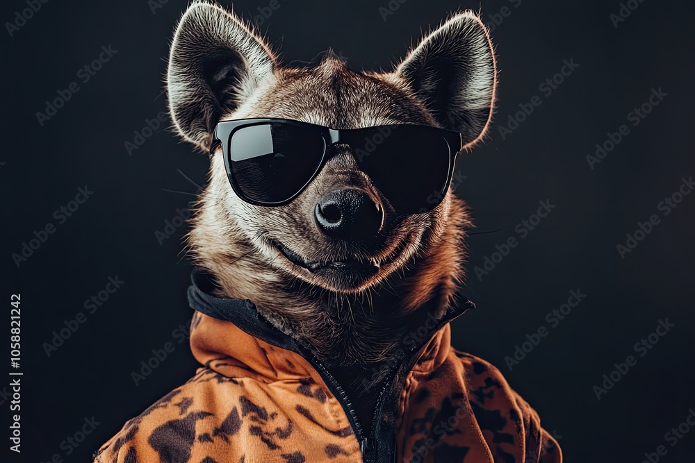 hyena in black sunglasses in a tracksuit on a plain background. strong ...