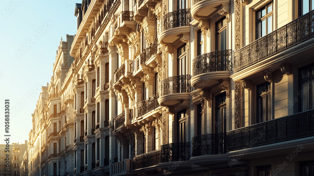 Classic European architectural buildings with ornate balconies in warm ...