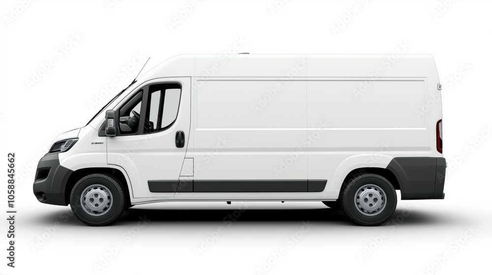 Side view of a white commercial cargo van with closed panel doors and ...