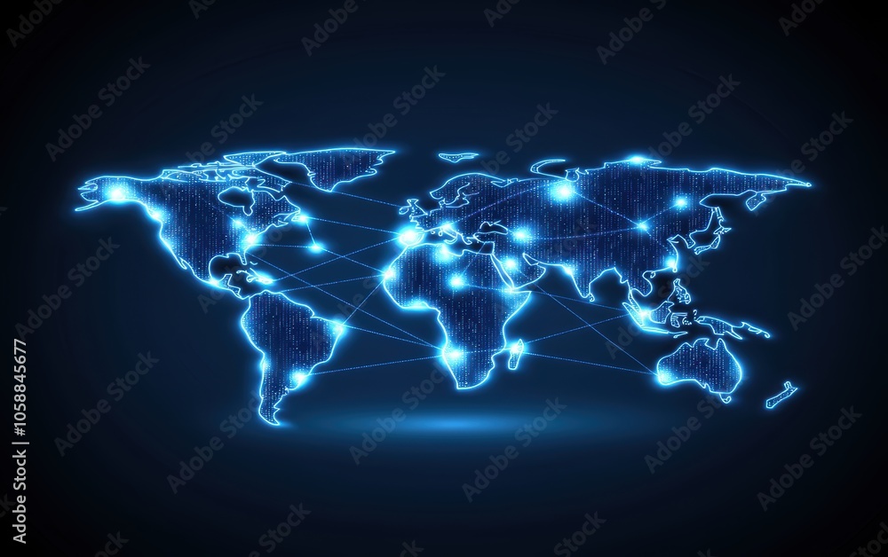 Digital world map with glowing network connections, symbolizing global ...