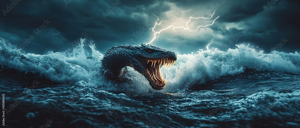 A mythical sea serpent emerges from stormy waters, showcasing its ...