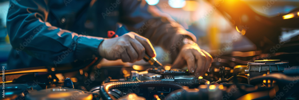 Mechanic disassembling parts of the car's engine for a deep cleaning or ...