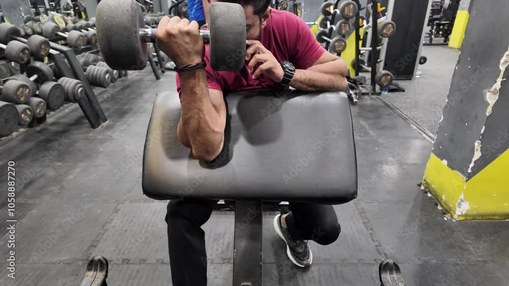 Man with Big Biceps and Veins Visible, Doing Single-Arm Dumbbell ...