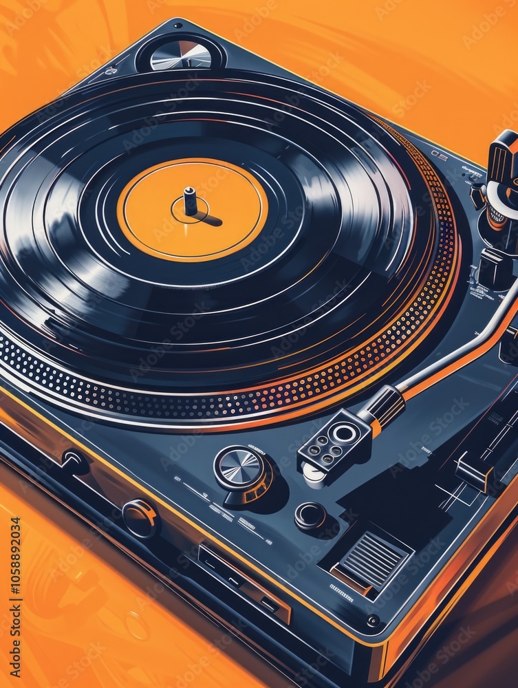 Vintage turntable with multiple vinyl records on a gold record player ...