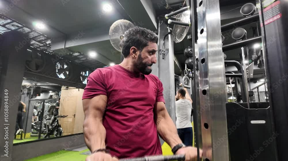 Man with Big Biceps and Visible Veins Performing Cable Bicep Curl While ...