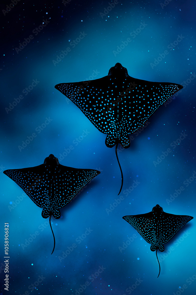 Sea stingray in the depths of the sea, neon light of water, underwater ...