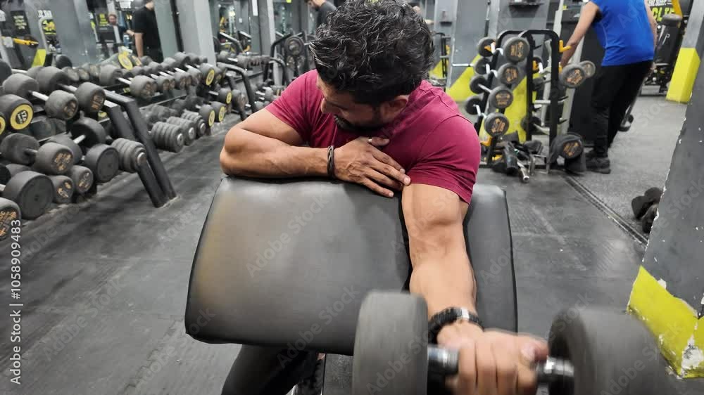 Muscular Man with Big Biceps and Veins Visible, Engaged in a Single-Arm ...