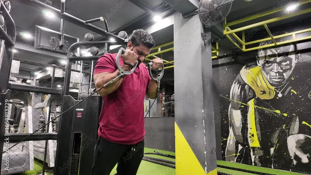 Side View of Bodybuilder with Big Muscles Performing Cable Curls on ...