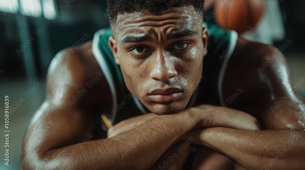 A young, sweaty athlete in a jersey leans on his arms while sitting on ...