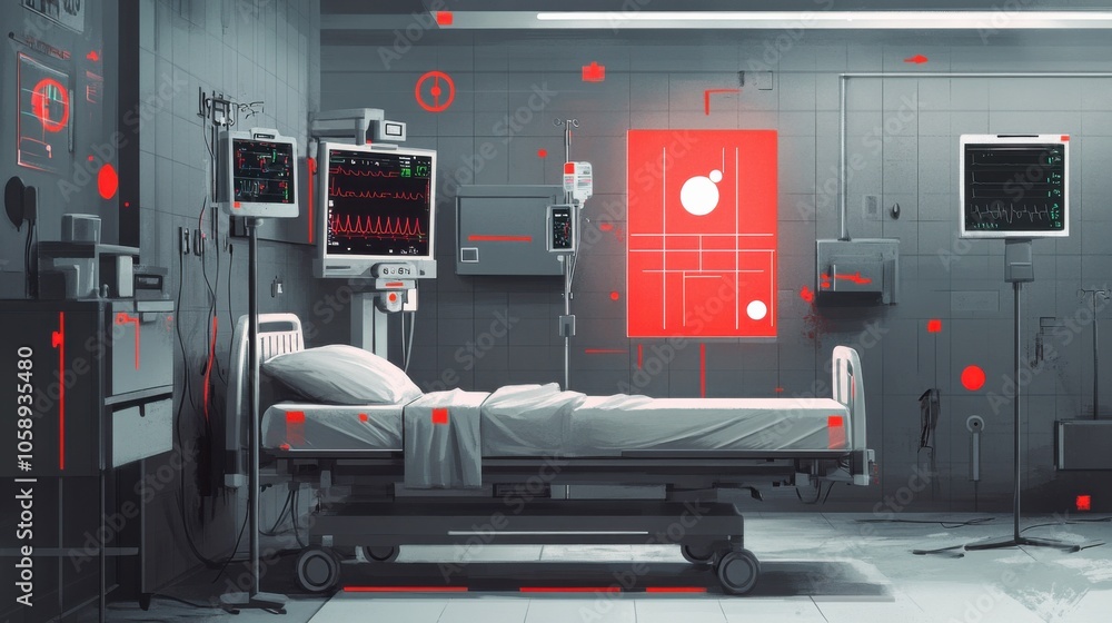 The concept of AI in ICU Patient Monitoring in muted gray and red ...