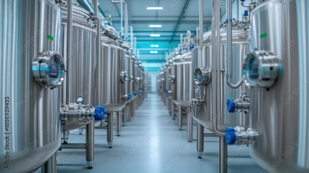 Interior view of a modern food processing plant showcasing stainless ...