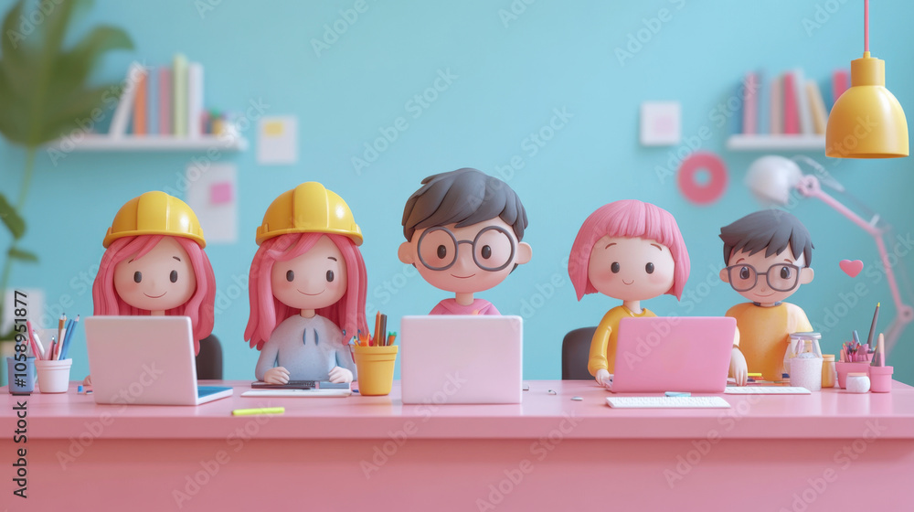 Cute Cartoon Characters Working Together on Laptops in a Colorful Office Stock Illustration ...
