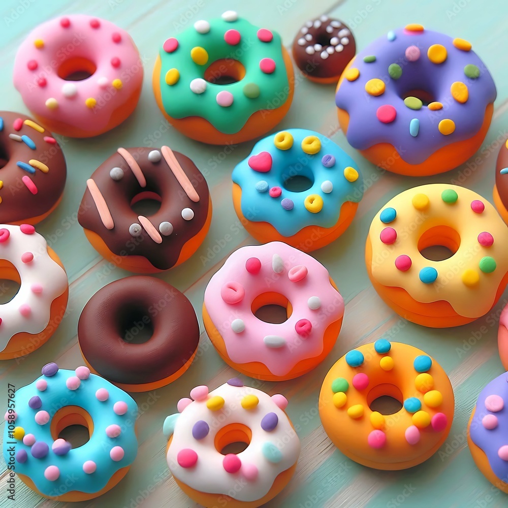 Colorful miniature clay donuts with icing and sprinkles, playful food ...