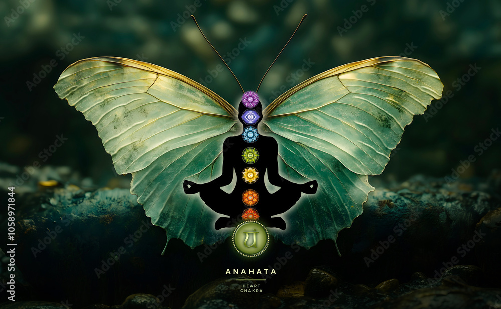 Heart Chakra (Anahata) Meditation. Human silhouette in yoga lotus pose ...
