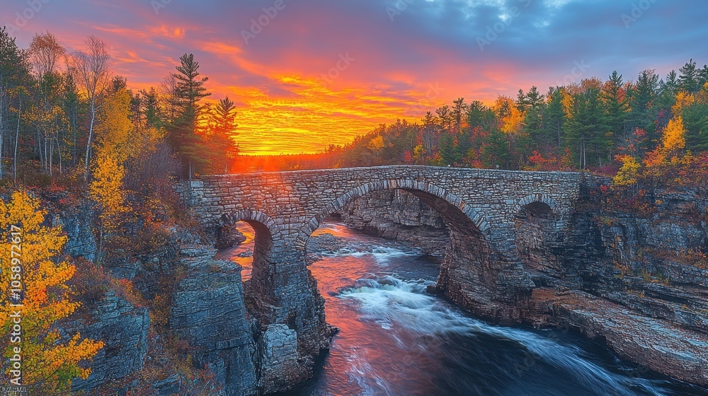 Golden autumn sunset over a historic stone bridge arching above a ...