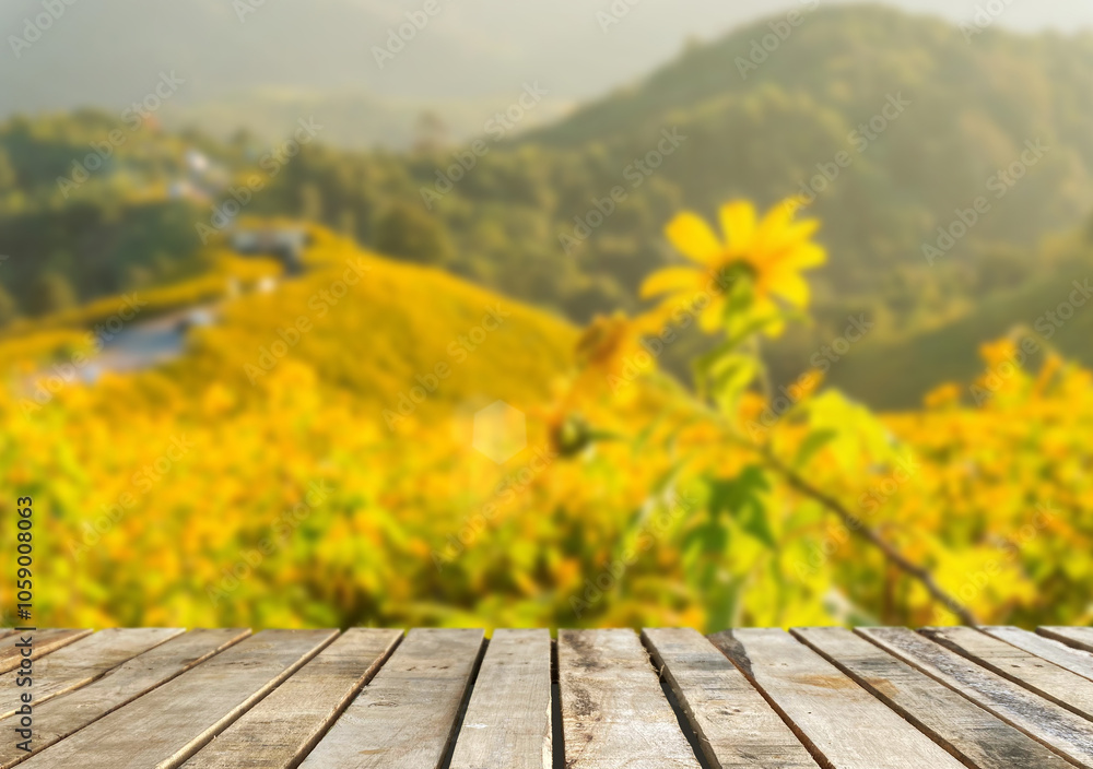Wooden table top on blur mountain and grass field,flower.Fresh and ...