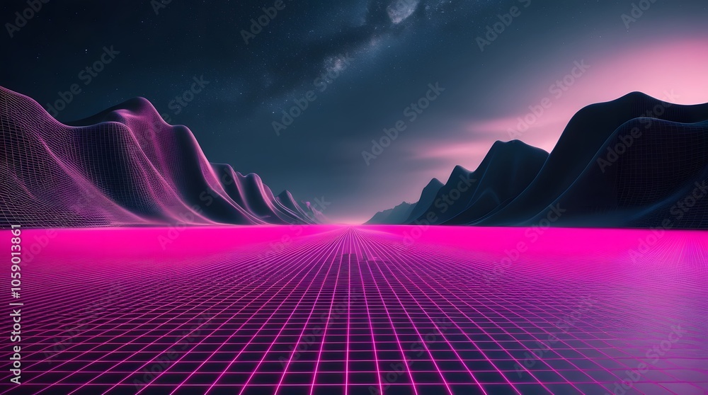 high-contrast professional photograph of a Retro Sci-Fi Grid Landscape ...