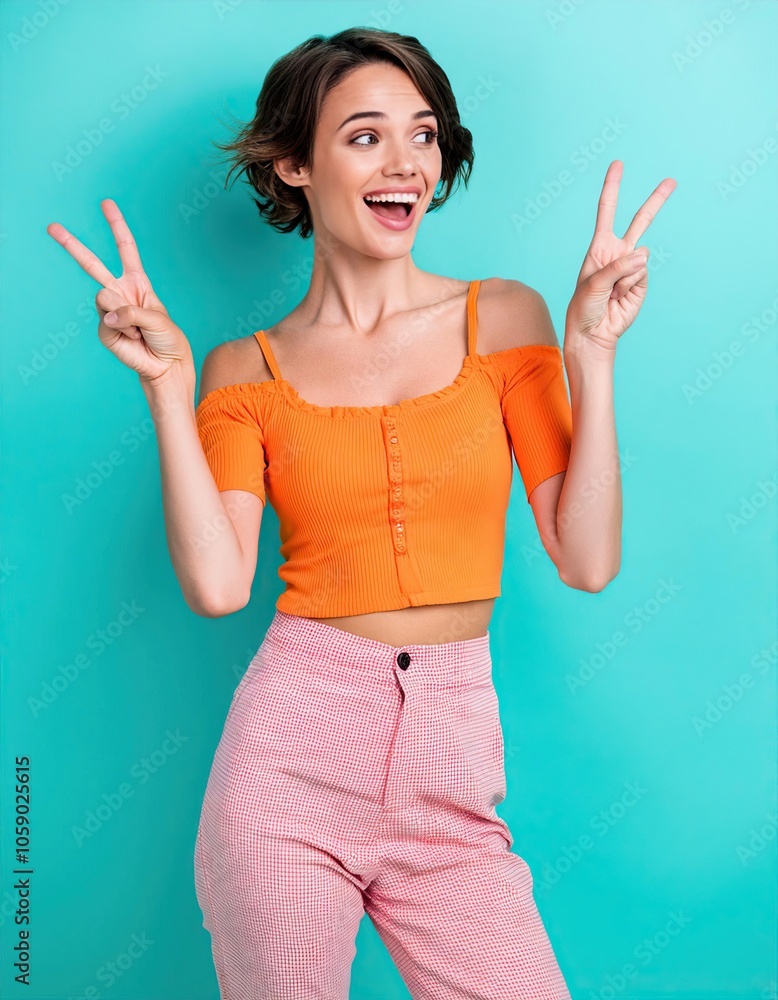 excited woman wear pink orange top showing two v-signs looking empty ...