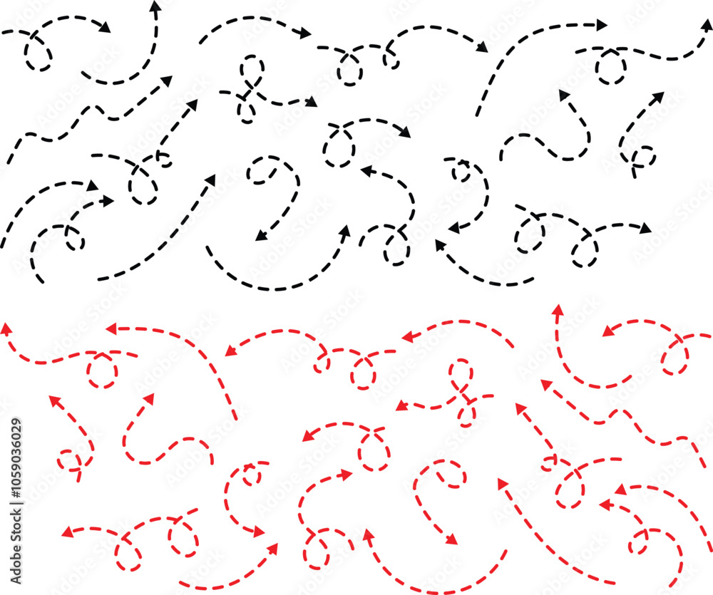 Dashed arrow set. Vector doodle dot line. Dotted hand drawn arrow ...