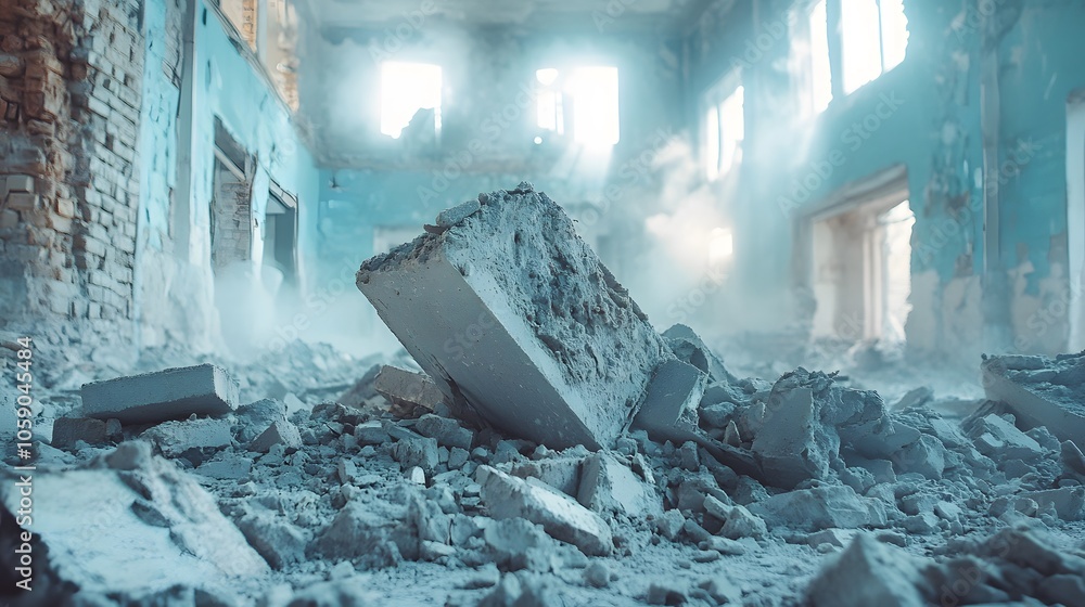 Construction site showing debris and rubble, demolished concrete blocks ...
