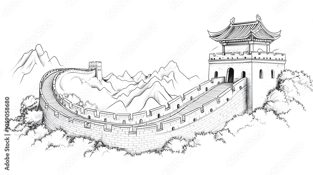 Detailed Monochrome Line Drawing of the Iconic Great Wall of China in ...