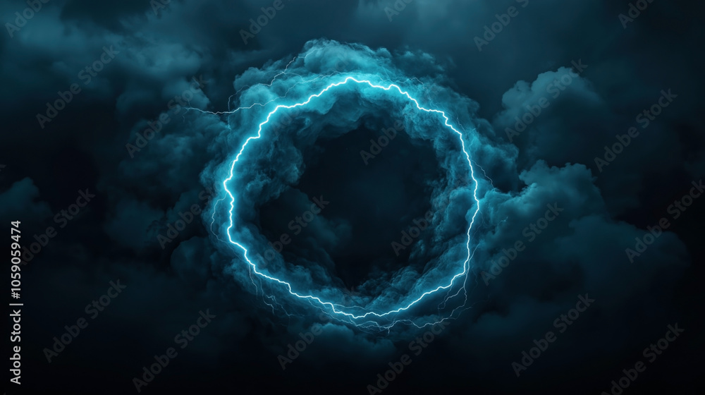 Circular blue lightning bolt within swirling dark storm clouds creating ...