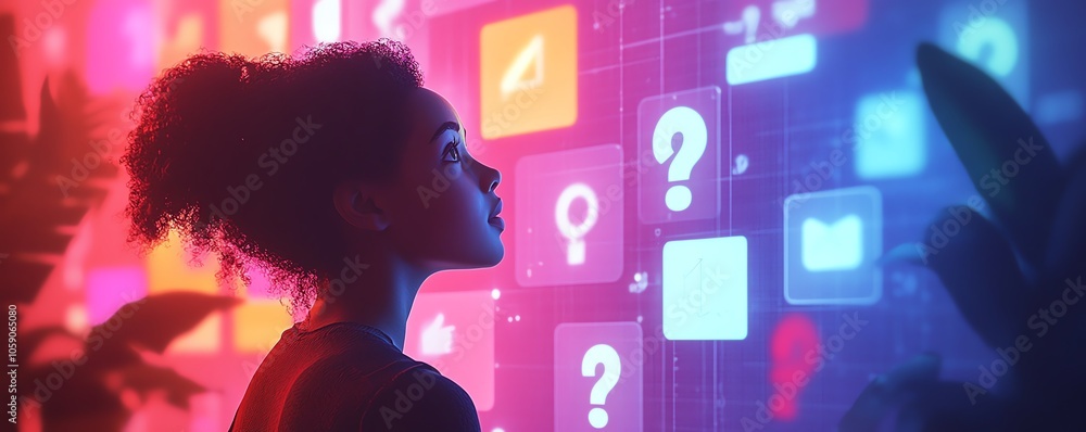 Visual of a person engaging with a digital FAQ section, with animated ...