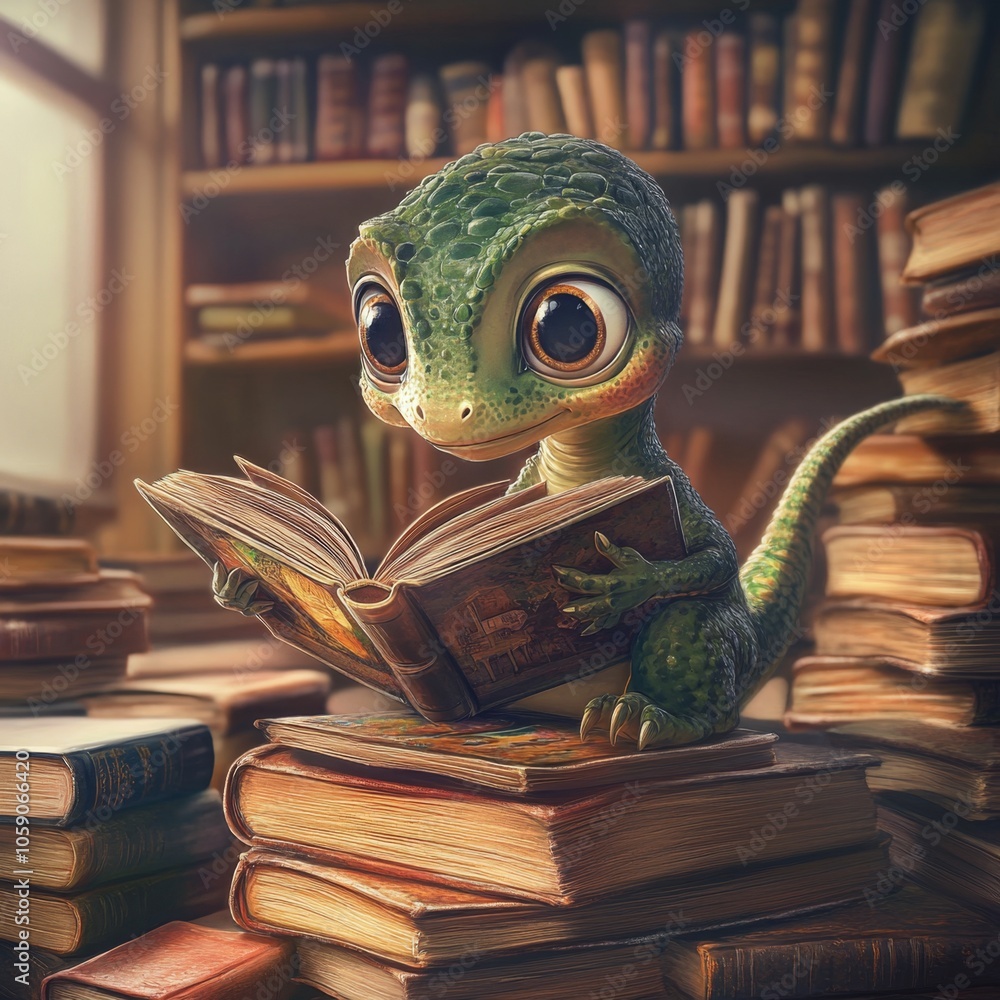A cute green lizard with big eyes sits on a stack of books in a library ...