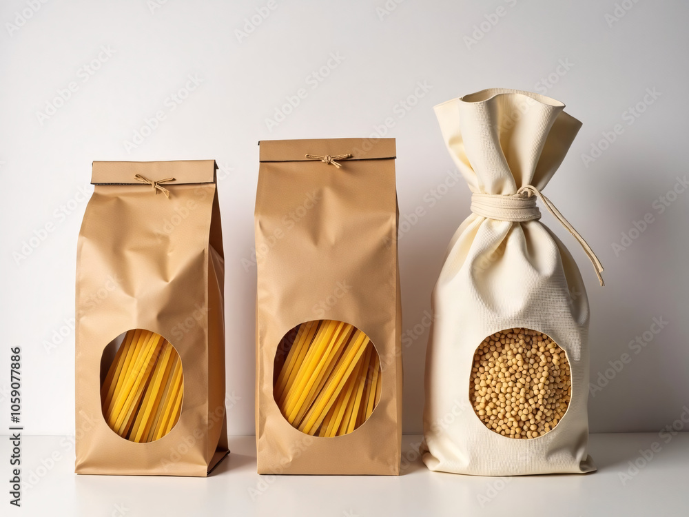 packaging for pasta and cloth packaging for rice. mock up concept Stock ...