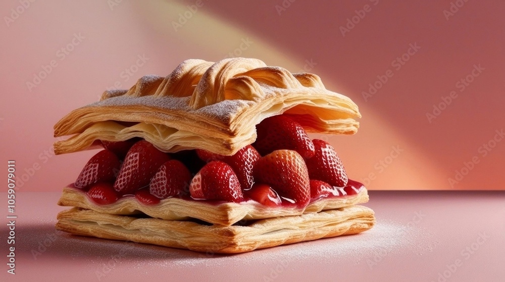 A strawberry millefeuille, a dessert with layers of puff pastry ...
