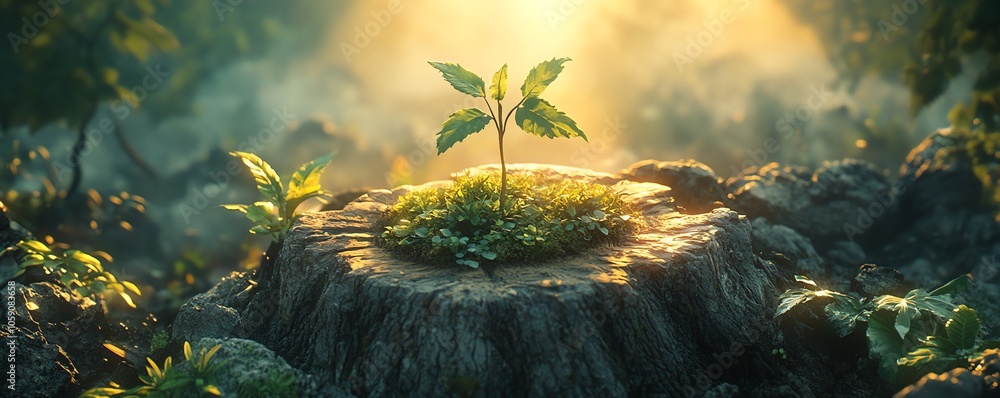 Illustration of a sapling flourishing in the heart of a weathered tree ...